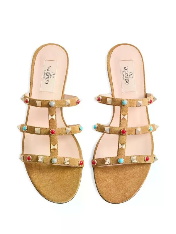 Valentino Garavani Rockstud Slide Sandals In Split Leather With Cabochon Stones - Brown