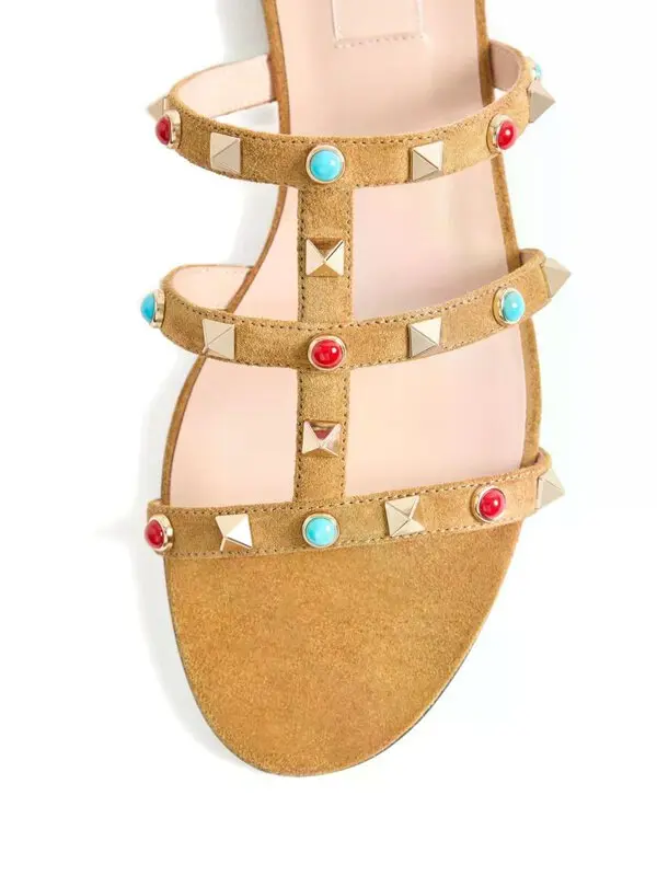 Valentino Garavani Rockstud Slide Sandals In Split Leather With Cabochon Stones - Brown