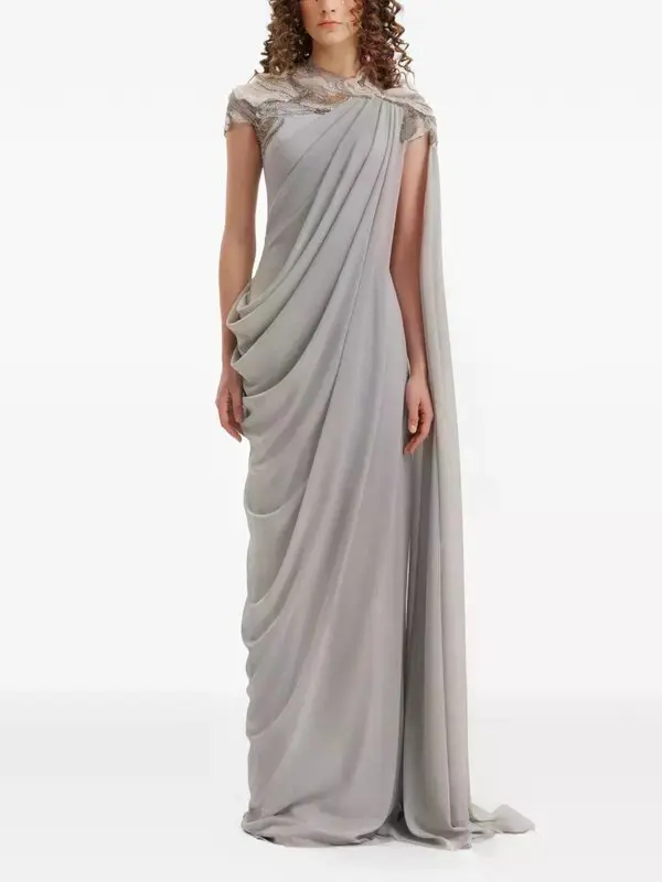 GEMY MAALOUF Embroidered Draped Cape Sleeve Maxi Dress