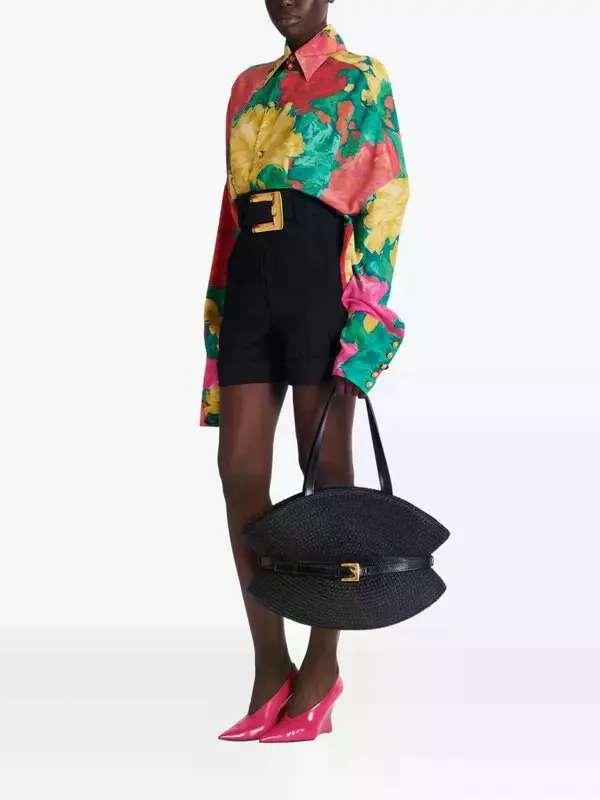 Balmain Medium Shuffle Raffia Belted Tote - Black