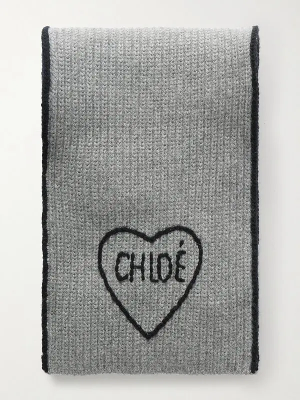 Chloé Embroidered Ribbed Wool And Cashmere-blend Scarf - Gray