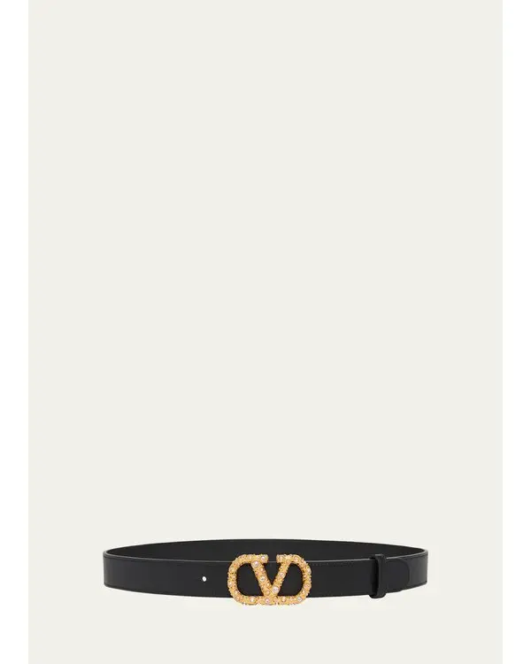 Valentino Garavani Vlogo Signature Crystal-embellished Leather Belt - Black