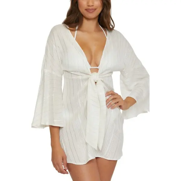BECCA By Rebecca Virtue Radiance Metallic Stripe Long Sleeve Cover-up Tunic - White