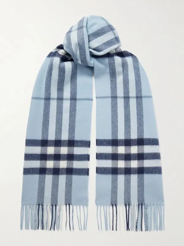 Burberry Fringed Checked Cashmere Scarf - Blue