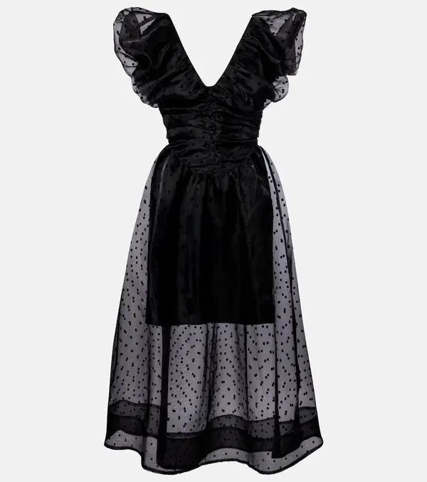 GANNI Polka-dot Organza Midi Dress - Black