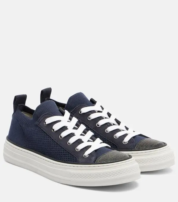 Brunello Cucinelli Monili Suede-trimmed Sneakers - Blue