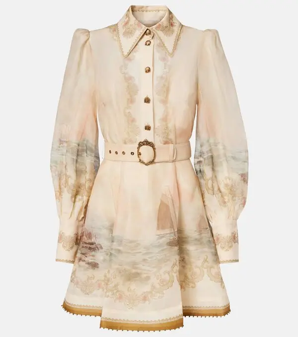 Zimmermann Rebellion Marine Printed Linen And Silk Minidress - Beige