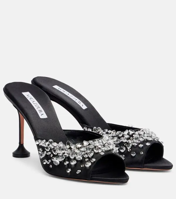 AQUAZZURA Bisous 85 Embellished Satin Mules