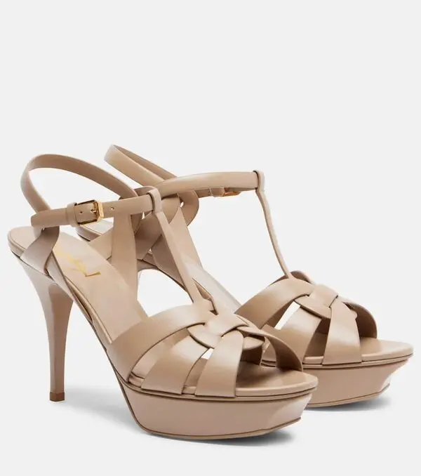 Saint Laurent Tribute 105 Leather Platform Sandals - Beige