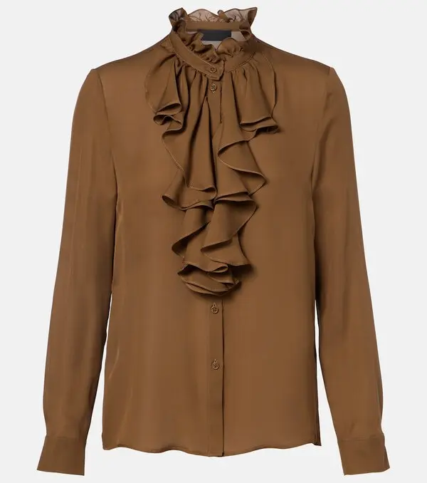 NILI LOTAN Ruffled Silk Blouse - Brown