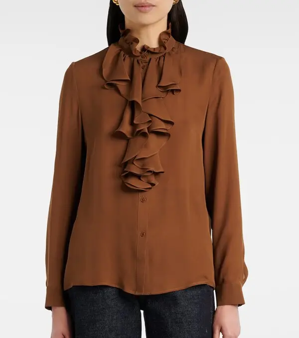 NILI LOTAN Ruffled Silk Blouse - Brown