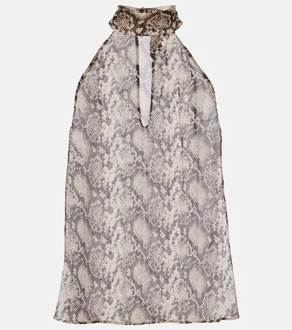 NILI LOTAN Alla Snake-print Halterneck Silk Top - Brown