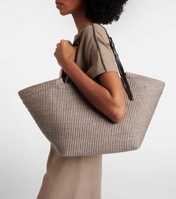 Brunello Cucinelli Leather-trimmed Raffia Tote Bag - Grey