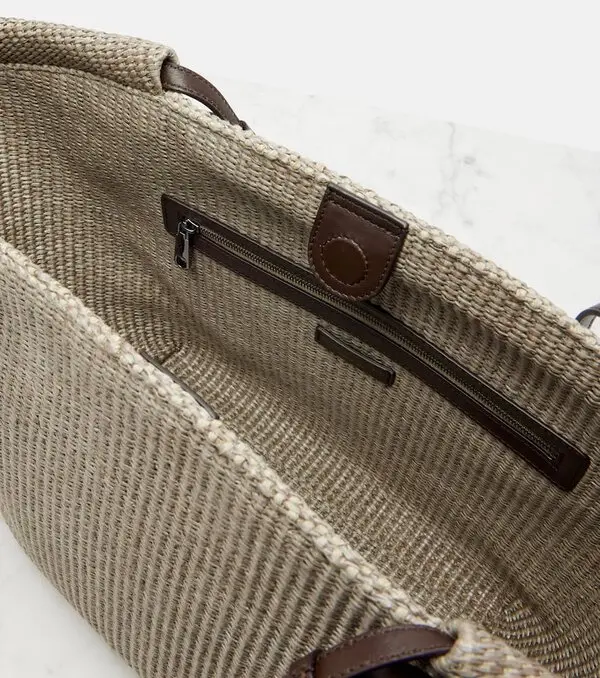 Brunello Cucinelli Leather-trimmed Raffia Tote Bag - Grey