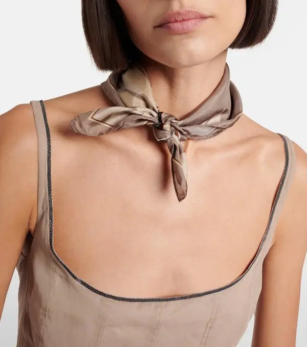 Brunello Cucinelli Floral Silk Twill Scarf - Grey