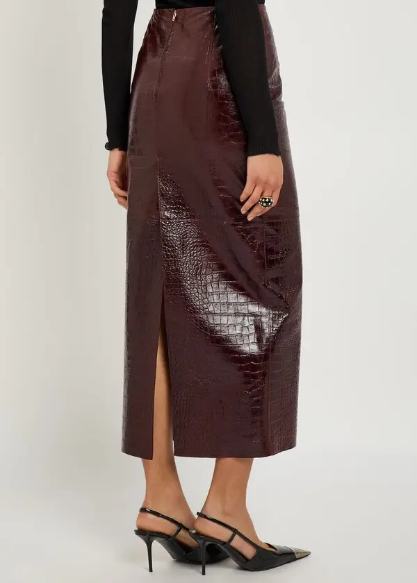 Nour Hammour Elyse Crocodile-effect Leather Midi Skirt