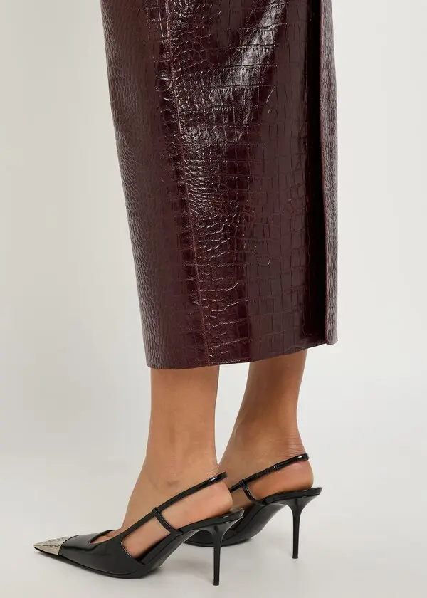 Nour Hammour Elyse Crocodile-effect Leather Midi Skirt