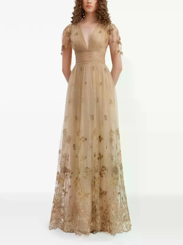 GEMY MAALOUF Embroidered V-neck Tulle Gown Dress - Neutrals