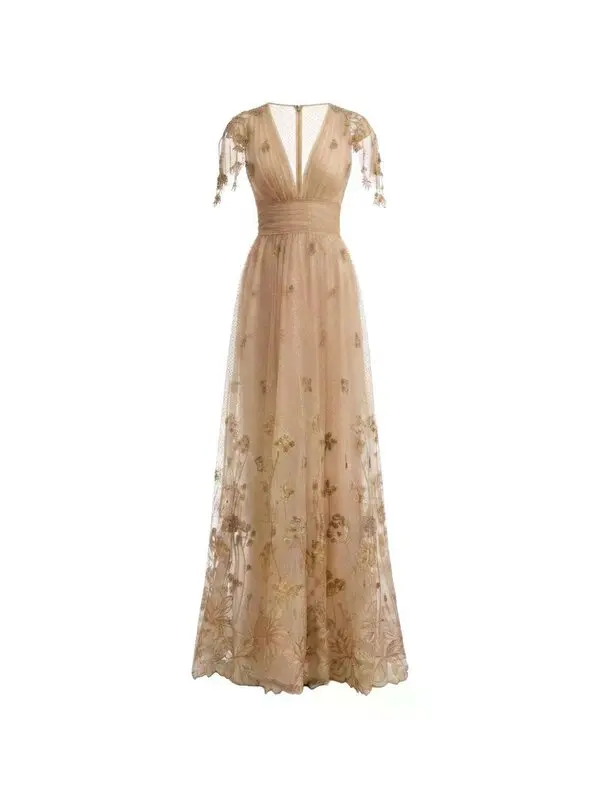GEMY MAALOUF Embroidered V-neck Tulle Gown - Neutrals