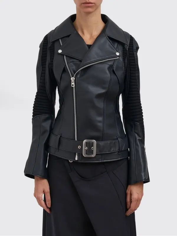 Junya Watanabe Leather Biker Jacket With Ribbed Accents - Black