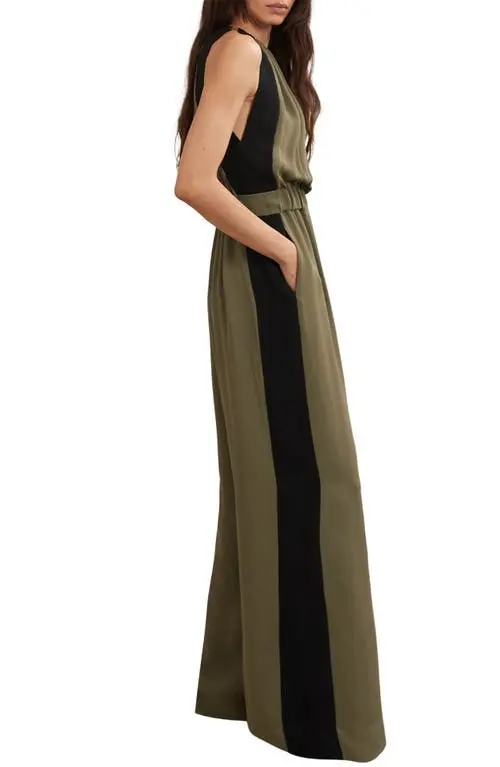 REISS Inez Drawstring Waist Wide Leg Jumpsuit - Khaki Green/black