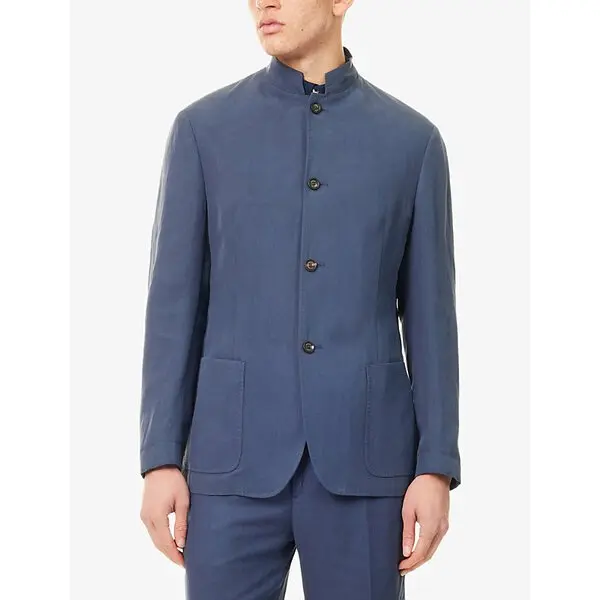 Eleventy Mandarin-collar Linen-blend Jacket - Blue
