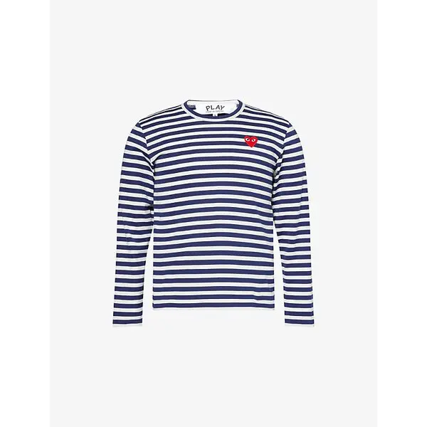 Play Comme Des Garcon Striped Heart-motif Cotton T-shirt - Navy