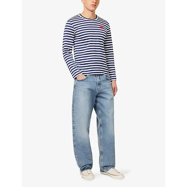 Play Comme Des Garcon Striped Heart-motif Cotton T-shirt - Navy