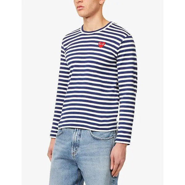 Play Comme Des Garcon Striped Heart-motif Cotton T-shirt - Navy