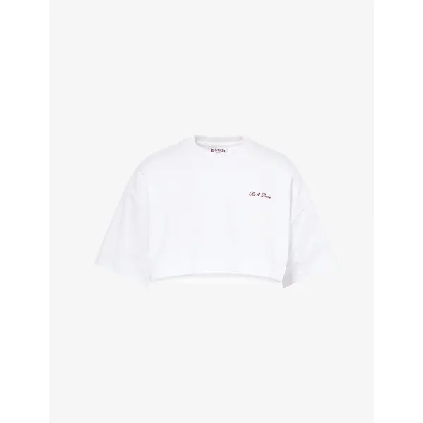 RU & ROCKA Logo-embroidery Cropped Cotton-jersey T-shirt - White / Burgundy
