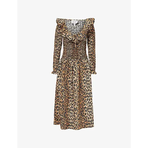 DAMSON MADDER Shirred Cotton Midi Dress - Leopard
