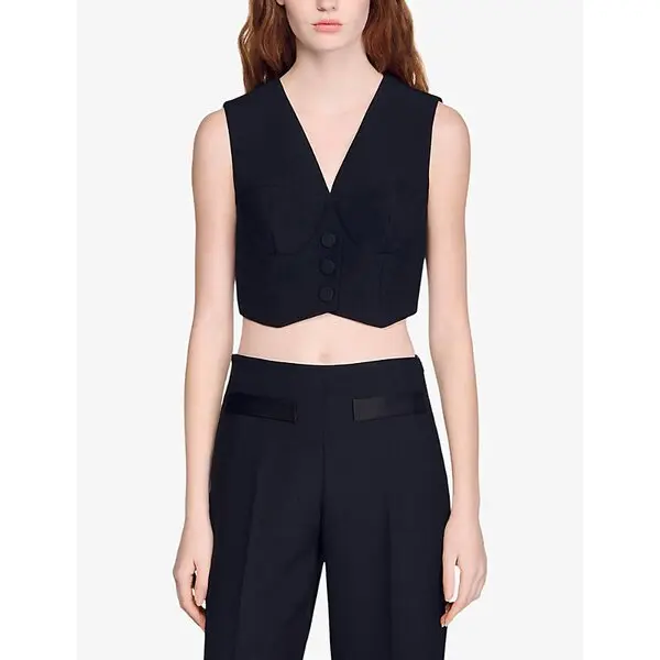Sandro V-neck Cropped Woven Top