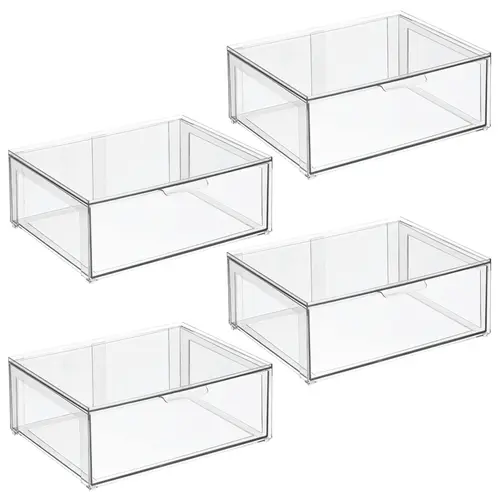 MDESIGN Plastic Stacking Closet Storage Organizer Bin With Drawer, 4 Pack - Clear