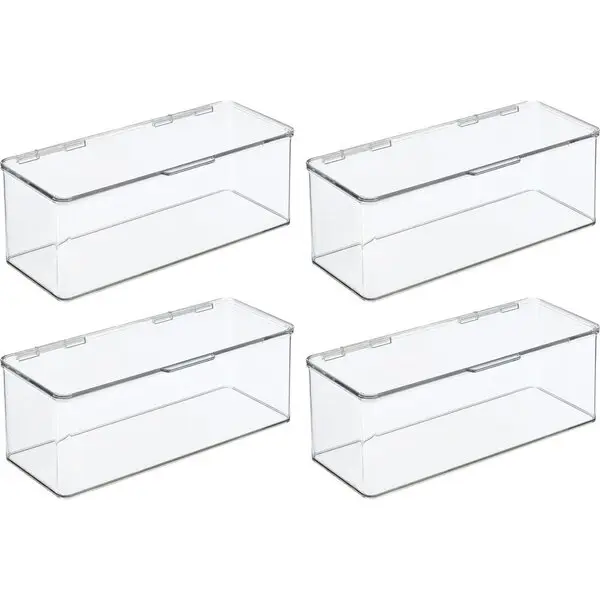 MDESIGN Plastic Bathroom Vanity Organizer Bin Box With Hinged Lid, 4 Pack - Clear