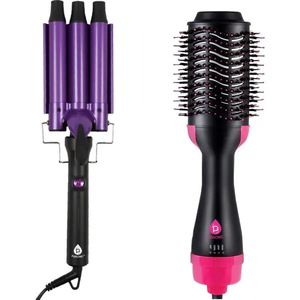 PURSONIC Salon-quality Hair Duo Triple Barrel Hair Curler & One Step Volumizing Hair Dryer - Black