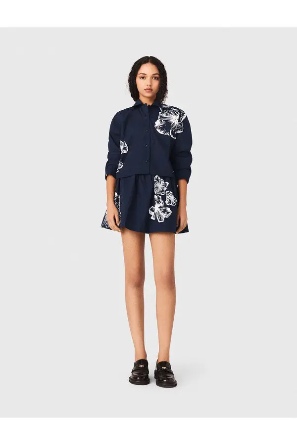 Maje Cropped Cotton Shirt With Floral Motifs - Black