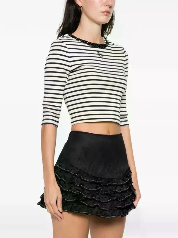 Sandro Striped Cropped T-shirt With Beaded Round Neck