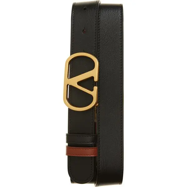 Valentino Garavani Vlogo Buckle Reversible Leather Belt - Black/camel