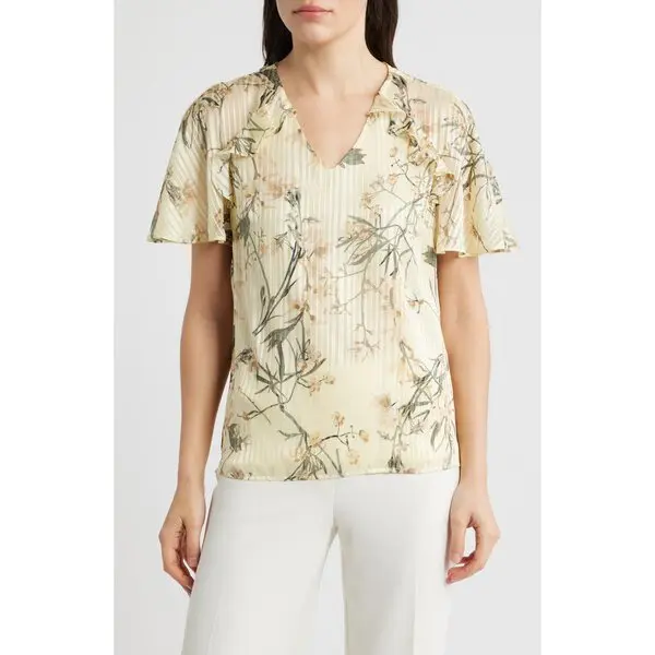 Anne Klein Floral Print Flutter Sleeve Chiffon Top - Whisper Yellow Multi