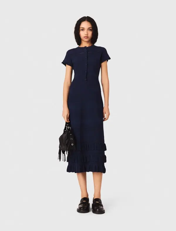 Maje Knit Maxi Dress With Ruffles And Scalloped Details - Navy