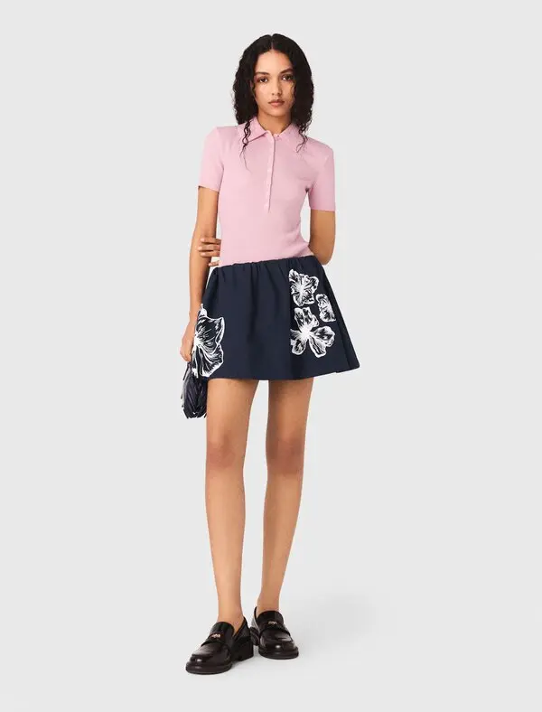Maje Short Cotton Skirt With Graphic Floral Print - Navy