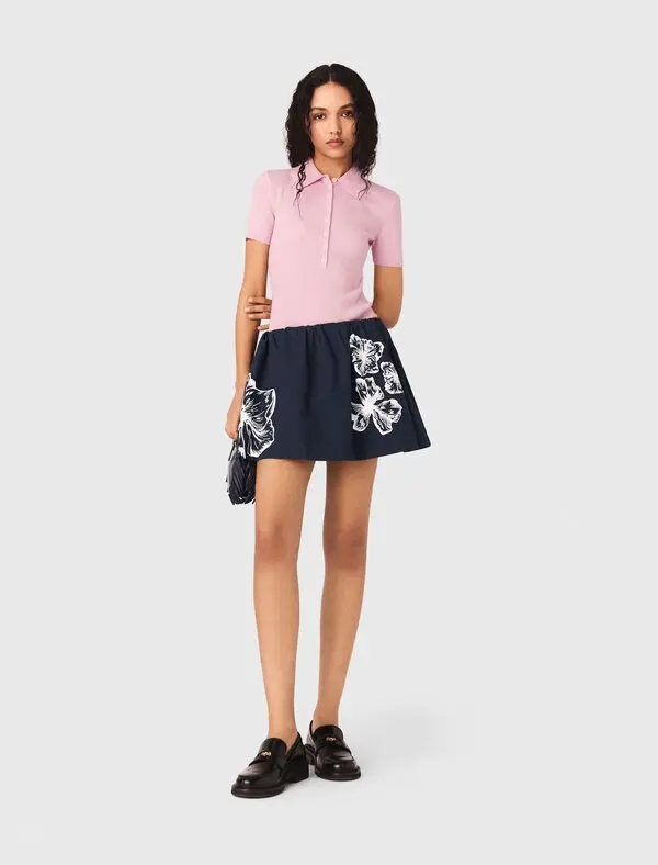 Maje Short Cotton Skirt With Graphic Floral Print - Navy