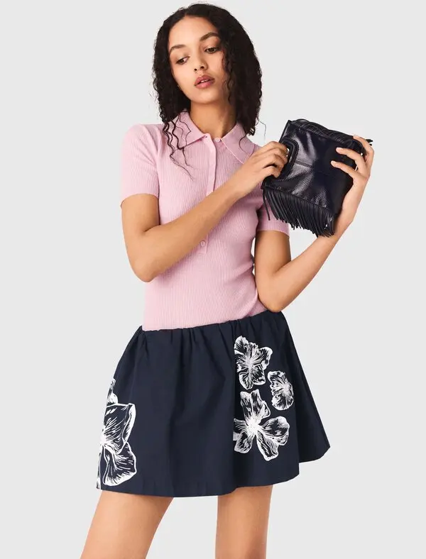 Maje Short Cotton Skirt With Graphic Floral Print - Navy