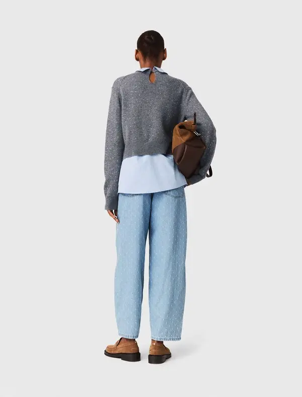 Maje Cropped Sweater With Removable Collar And Layered Check Shirt - Grey