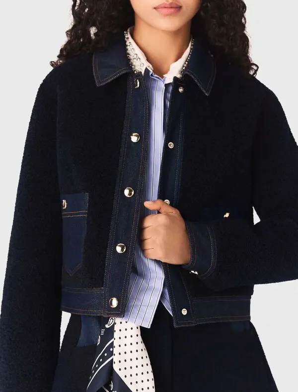 Maje Cotton Bouclé Jacket With Denim Details - Navy