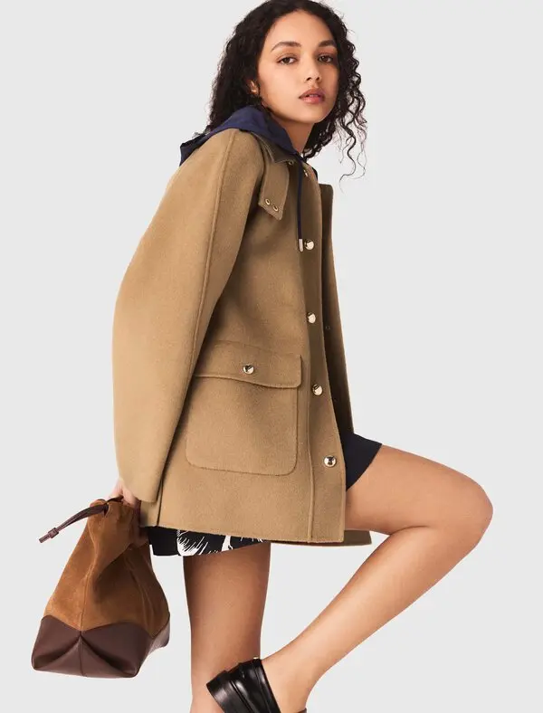 Maje Felted Wool Blend Coat With Removable Hood And Leather-look Collar - Beige
