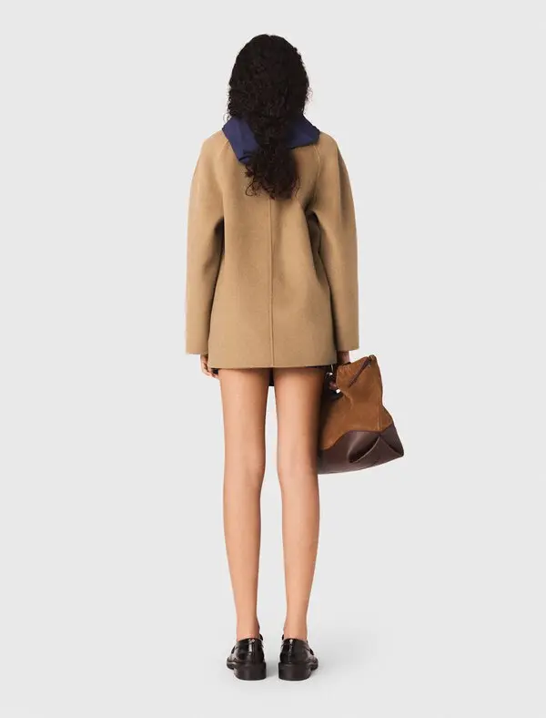 Maje Felted Wool Blend Coat With Removable Hood And Leather-look Collar - Beige