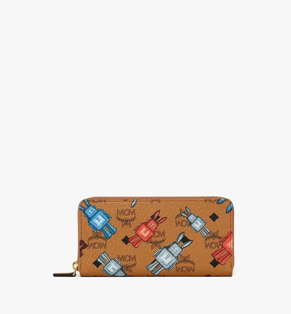 Mcm Aren Zip Around Wallet In Rabot Visetos - Cognac