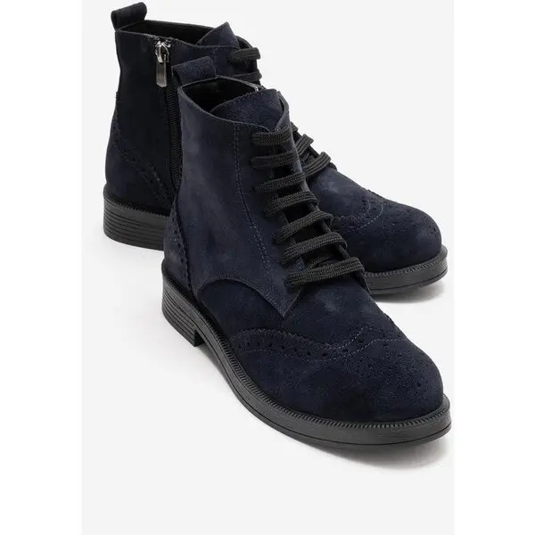 FOREVER & ALWAYS SHOES Nelvy Leather Brogue Boots - Navy Suede
