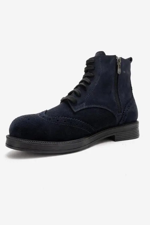 FOREVER & ALWAYS SHOES Nelvy Leather Brogue Boots - Navy Suede